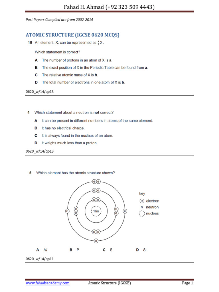 Atomic Structure (Igcse 0620 MCQS) : Past Papers Compiled Are From 2002 ...