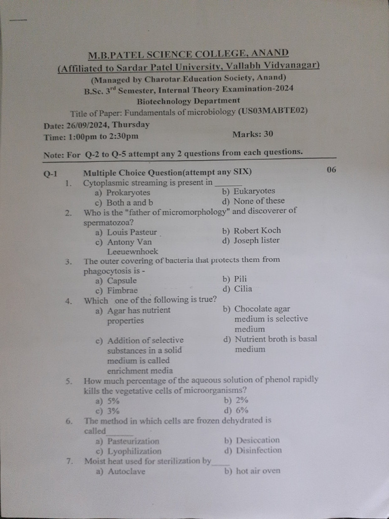 Microbiology Exam Paper B.Sc. 2024 | PDF | Antimicrobial | Bacteria