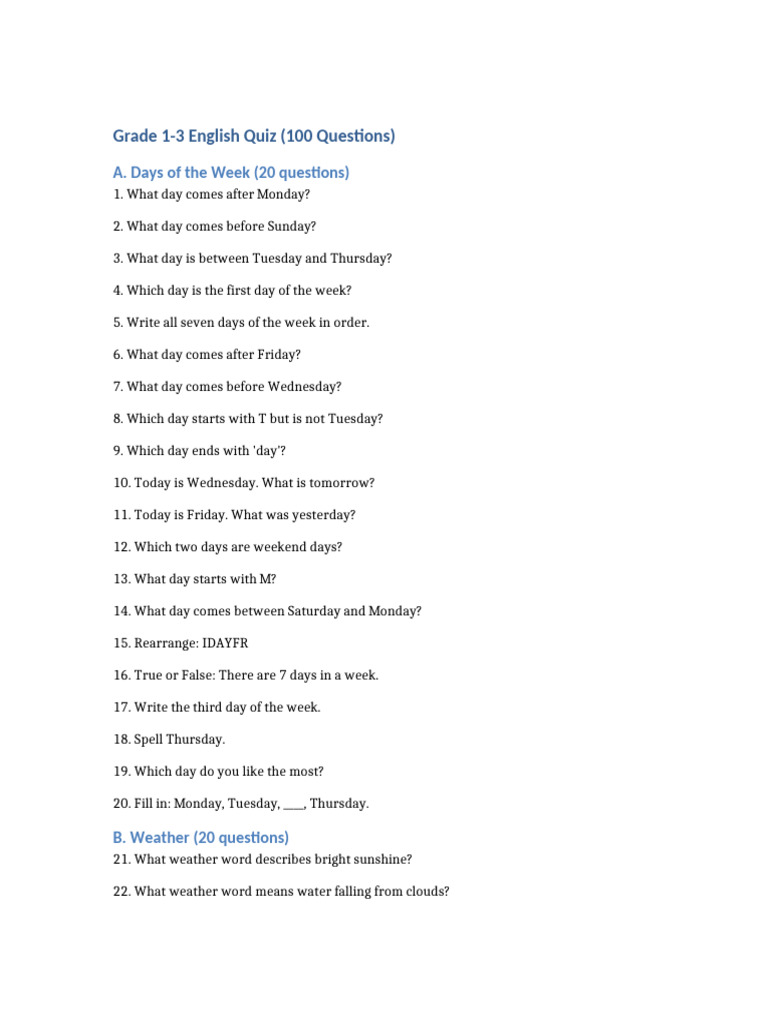 Grade 1-3 English Quiz: 100 Questions | PDF | Blue