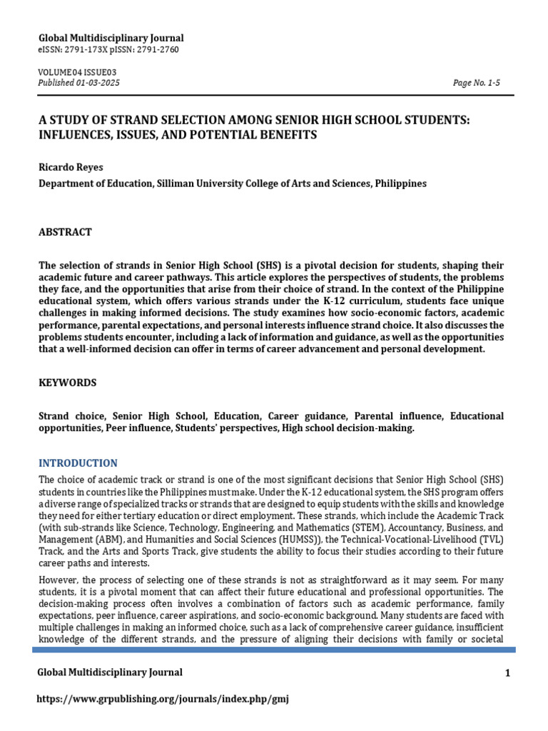 Strand Selection in Senior High School | PDF | Quantitative Research ...