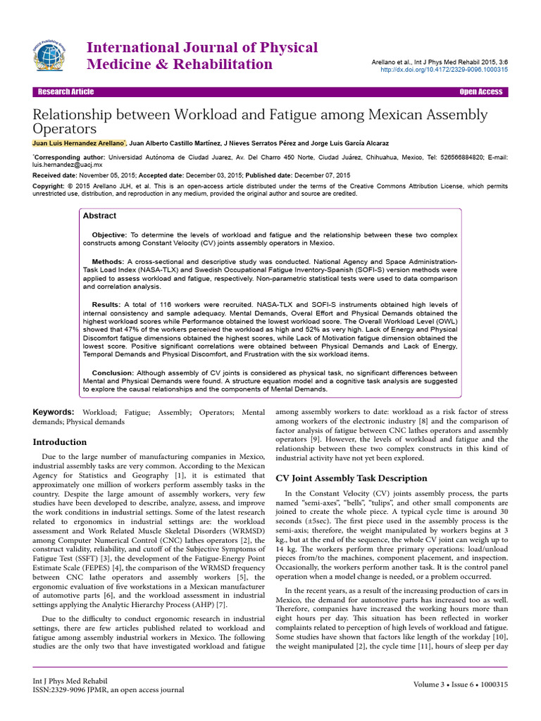 Workload and Fatigue in Mexican Assembly Operators | PDF | Workload | Sleep