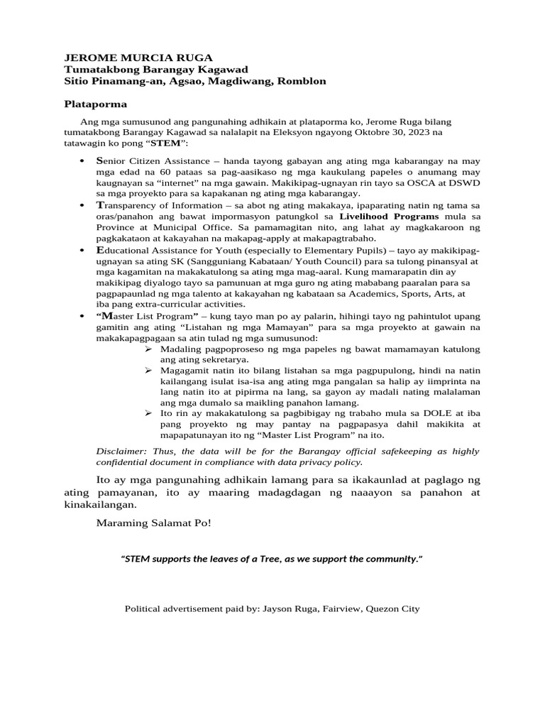 Plataporma For Barangay Councilor | PDF