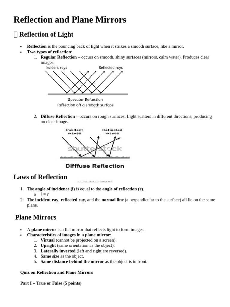 Understanding Reflection and Plane Mirrors | PDF