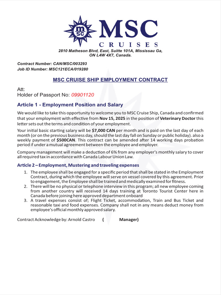 MSC Cruise Ship Employment Contract | PDF