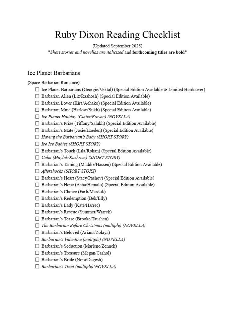 Ruby Dixon Reading Checklist 2025 | PDF
