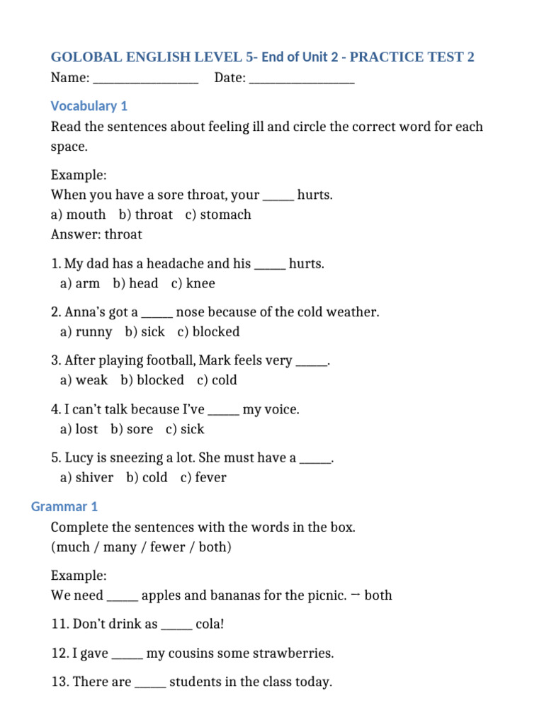 Golobal English Level 5- End of Unit 2 - Practice Test 2 | PDF