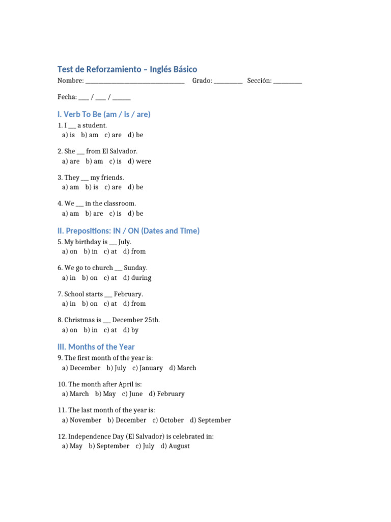 Test Refuerzo Ingles Basico | PDF