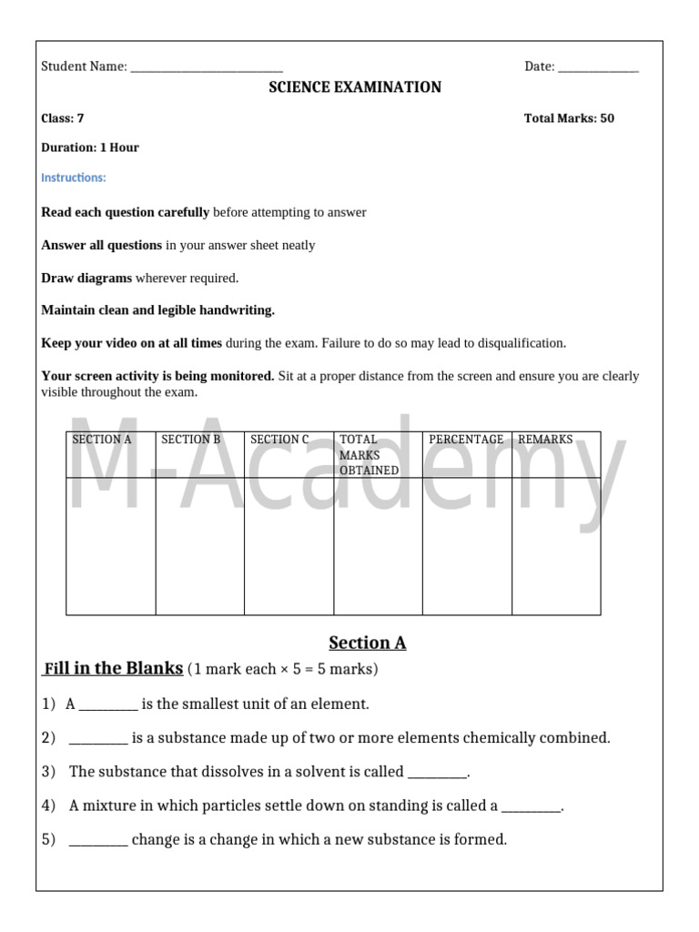 Class 7 Science Question Paper | PDF | Mixture | Filtration