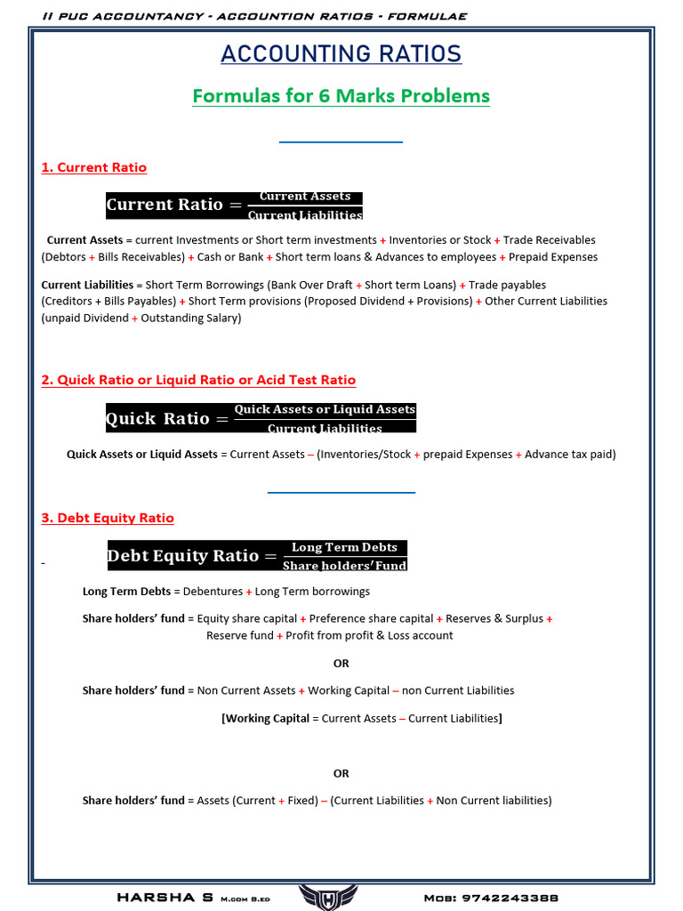 Accounting Ratios Formulas for II PUC | PDF | Revenue | Equity (Finance)