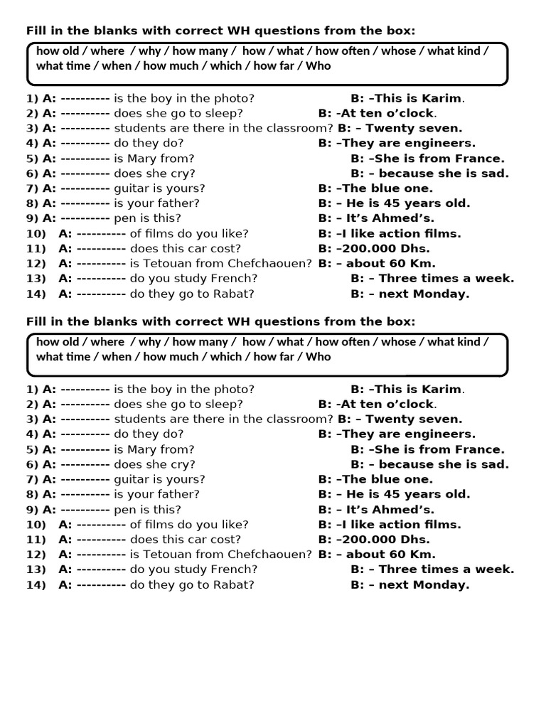 WH Questions Fill-in-the-Blank Exercise | PDF