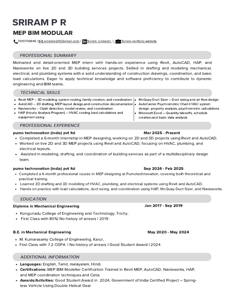 Sriram Mep Resume Org | PDF | Autodesk Revit | Engineering