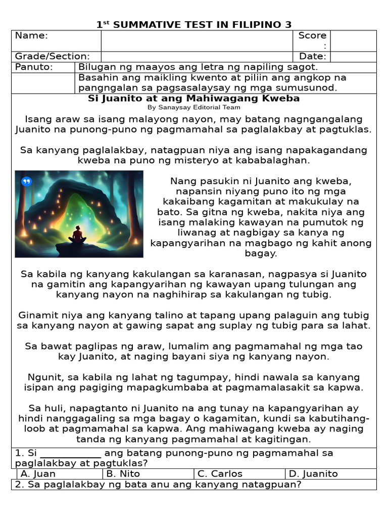 1st SUMMATIVE TEST IN FILIPINO 3 | PDF