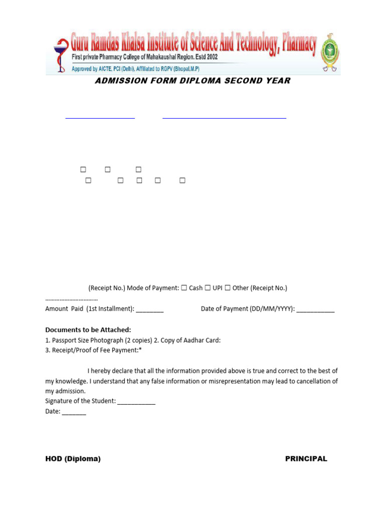 Admission Form Diploma Second Year | PDF
