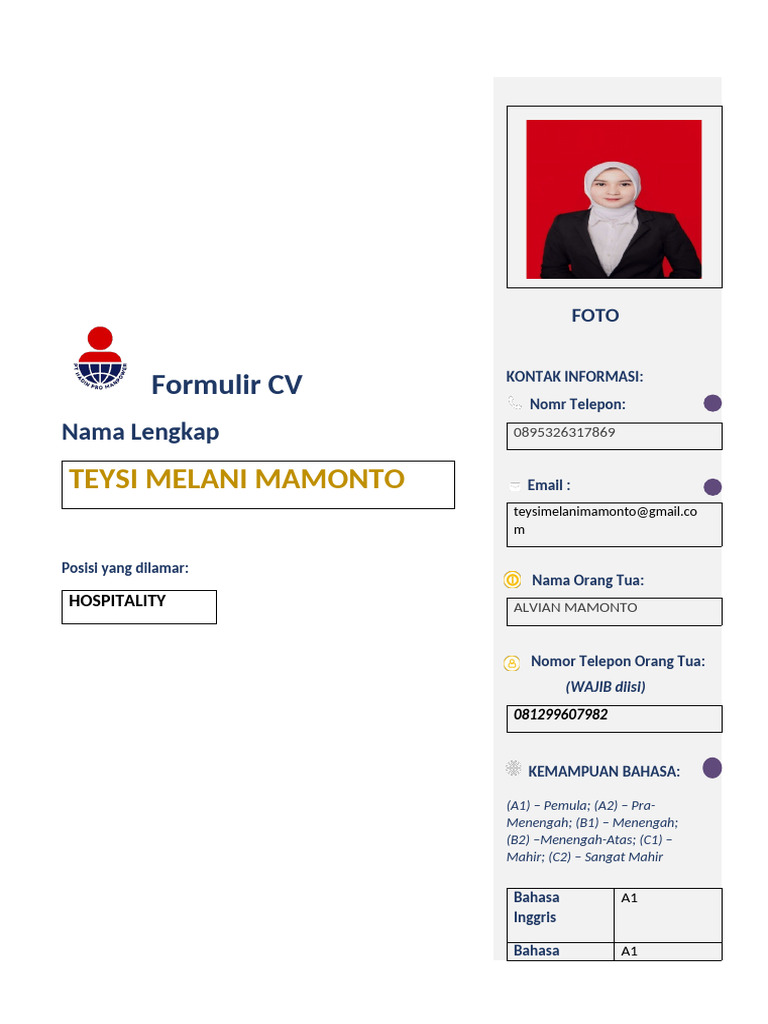 CV Teysi Melani Mamonto untuk Hospitality | PDF