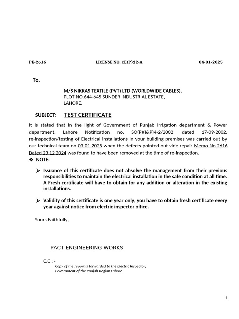 Electrical Inspection Certificate for Nikkas Textile | PDF | Electrical ...