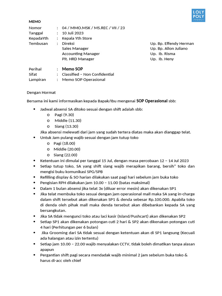 SOP Operasional Toko Juli 2023 | PDF