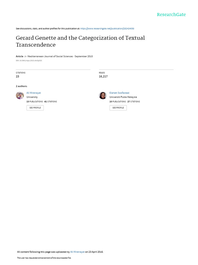 Genette's Transtextuality Explained | PDF | Intertextuality | Hypertext