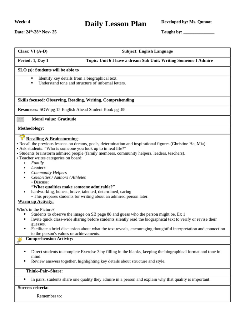 Lesson Plan Class VI Week 4 Eng Lang, Lit by Ms Qunoot | PDF | Reading ...