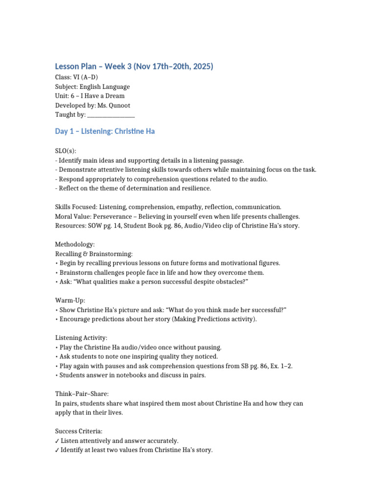 Lesson Plan Class VI Week 3 Eng Lang (Updated) | PDF | Fluency ...