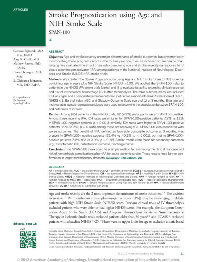 Stroke Prognostication Using Age and NIH Stroke Scale | PDF | Stroke ...