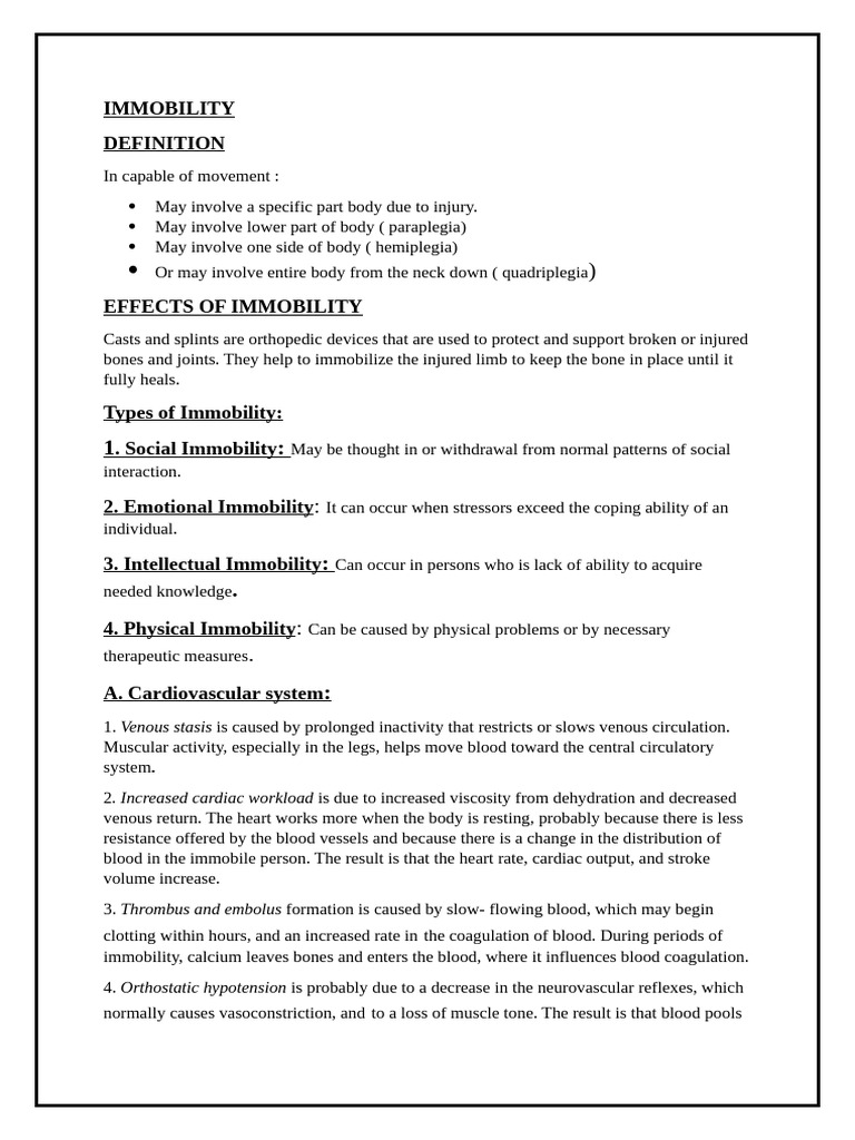 Immobility | PDF | Anatomical Terms Of Motion | Diseases And Disorders