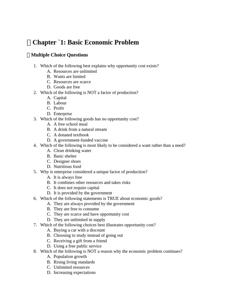 Economic Problem MCQs and Answers | PDF | Opportunity Cost | Capital ...