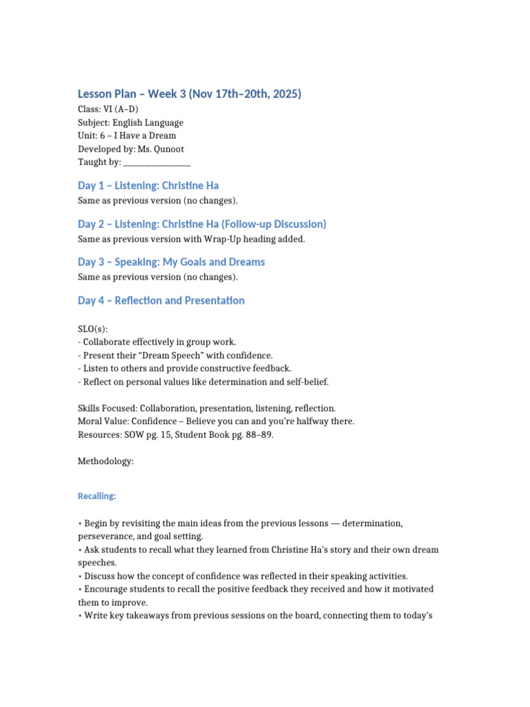 Lesson Plan Class VI Week 3 Eng Lang (Day4 Two Headings) | PDF ...