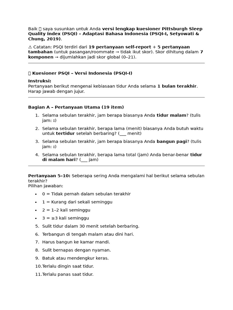Kuesioner Pittsburgh Sleep Quality Index (PSQI) | PDF