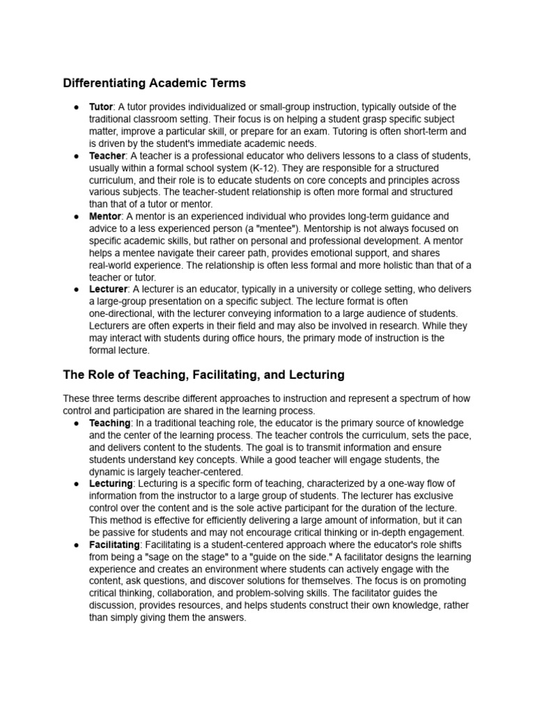 Differentiating The Academic Terms - Tutor, Teacher.. | PDF ...