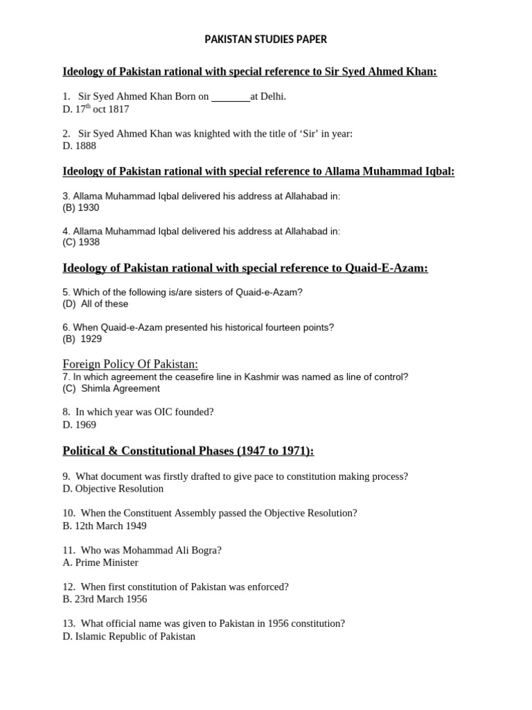 PAK STU PAPER RIHS- P-1 Anser Key | PDF | Pakistan | Nawaz Sharif