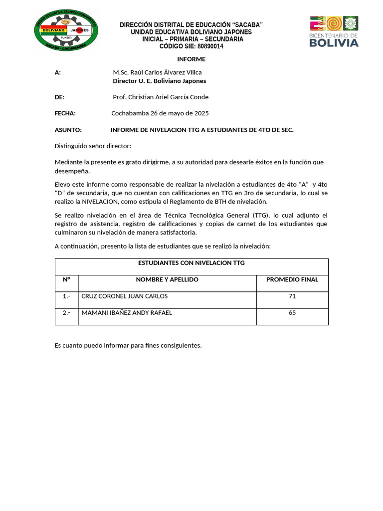Informe de Nivelación TTG 4to Secundaria | PDF