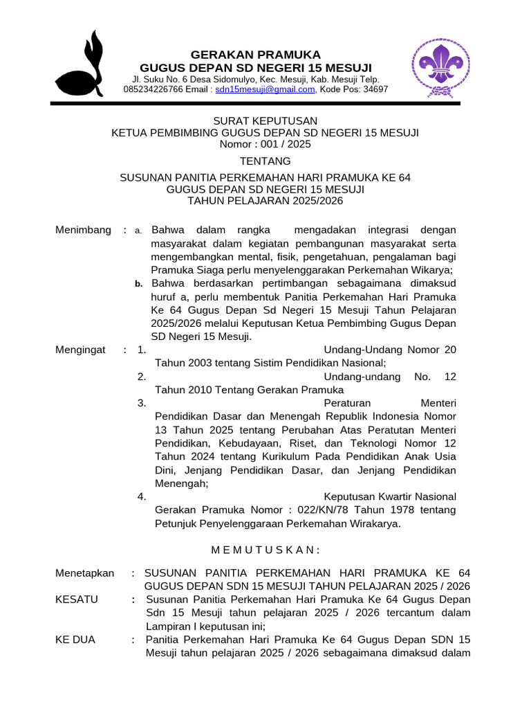 Panitia Perkemahan Pramuka SDN 15 Mesuji | PDF