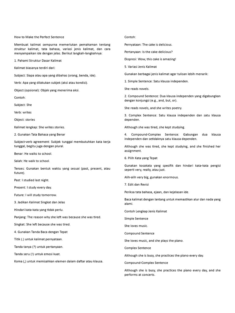 Perfect Sentence Construction Guide | PDF | Subject (Grammar) | Verb