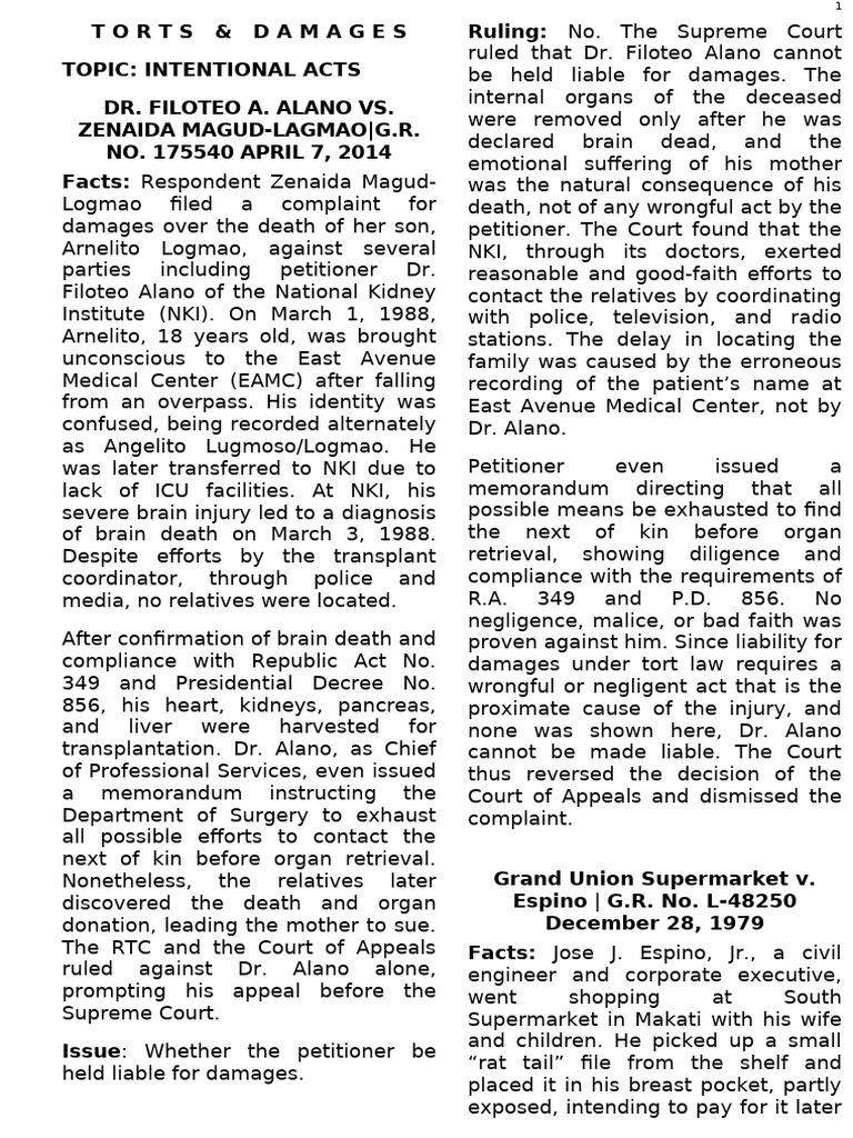 Torts Digest | PDF | Tortious Interference | Tort