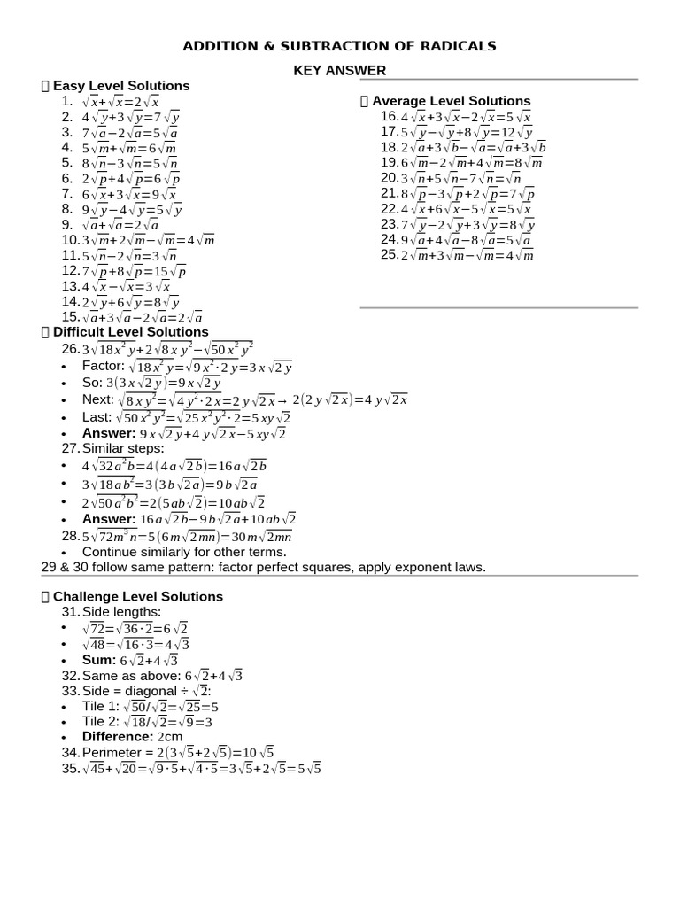 Addition & Subtraction of Radicals Guide | PDF