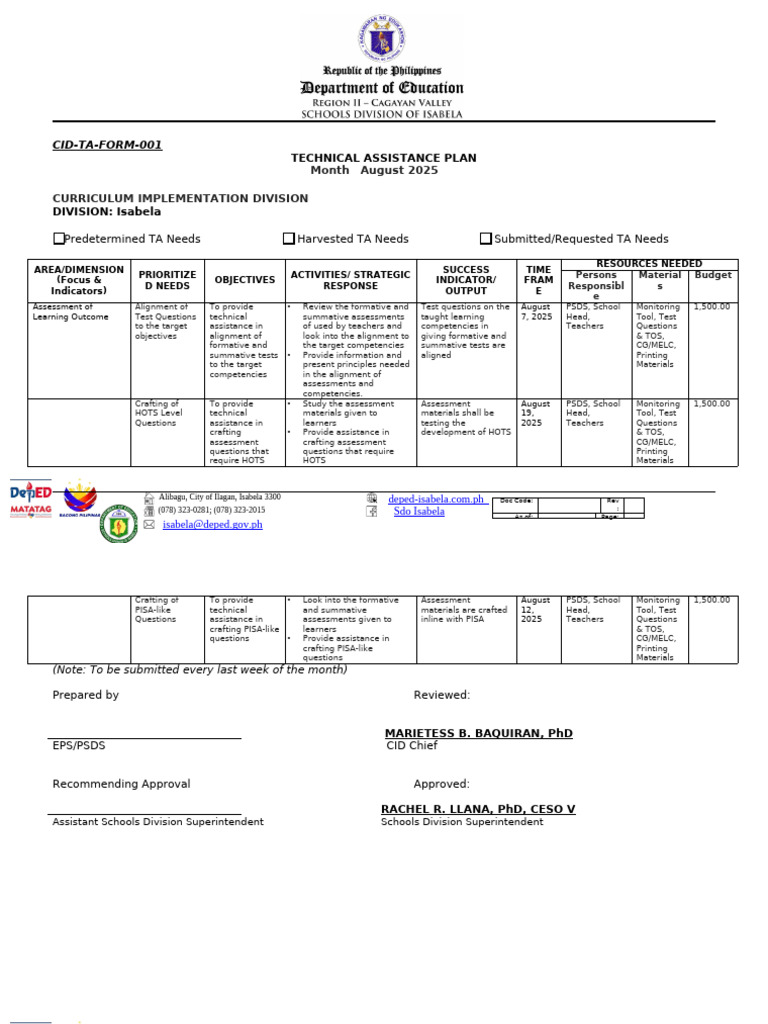 Cid-ta Form - 001-Ta Plan | PDF | Intelligence | Teaching