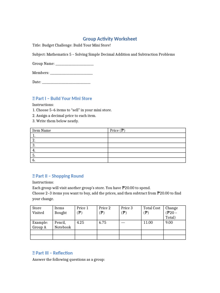 Mini Store Budget Challenge Worksheet | PDF