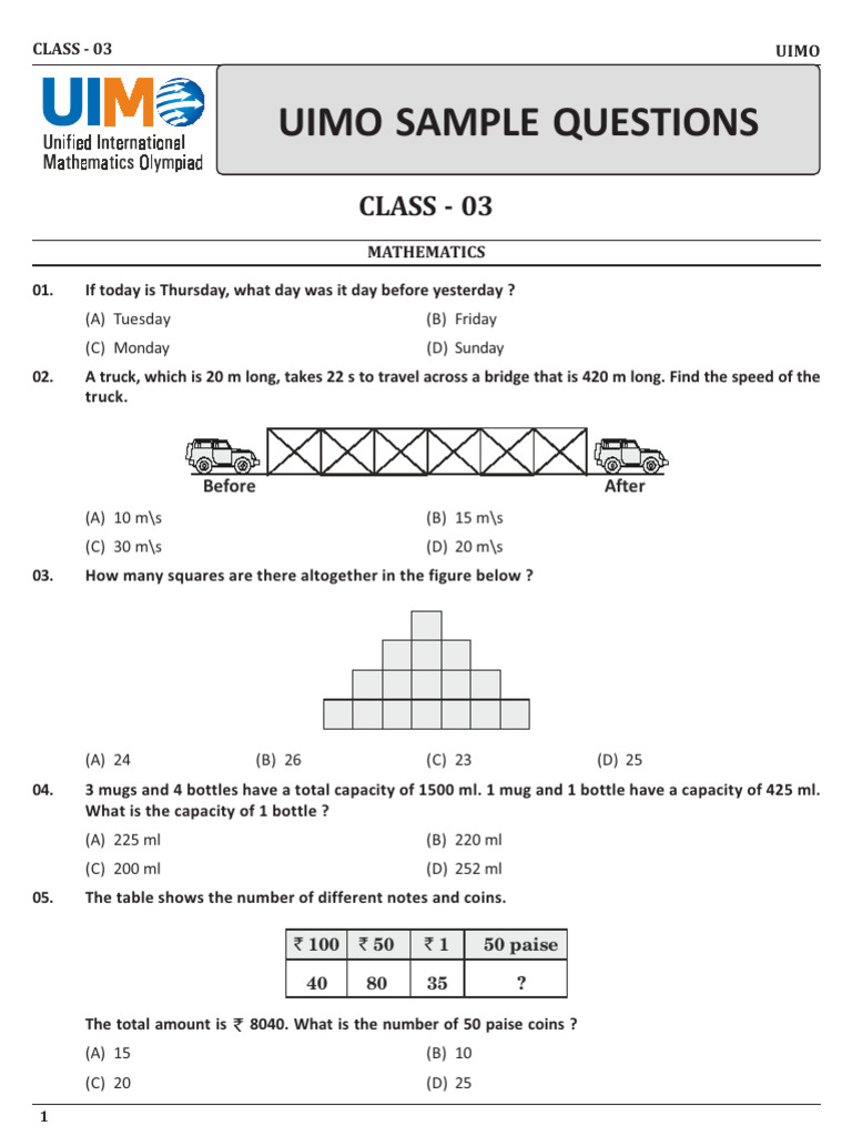 UIMO Sample Papers For Class 3 | PDF