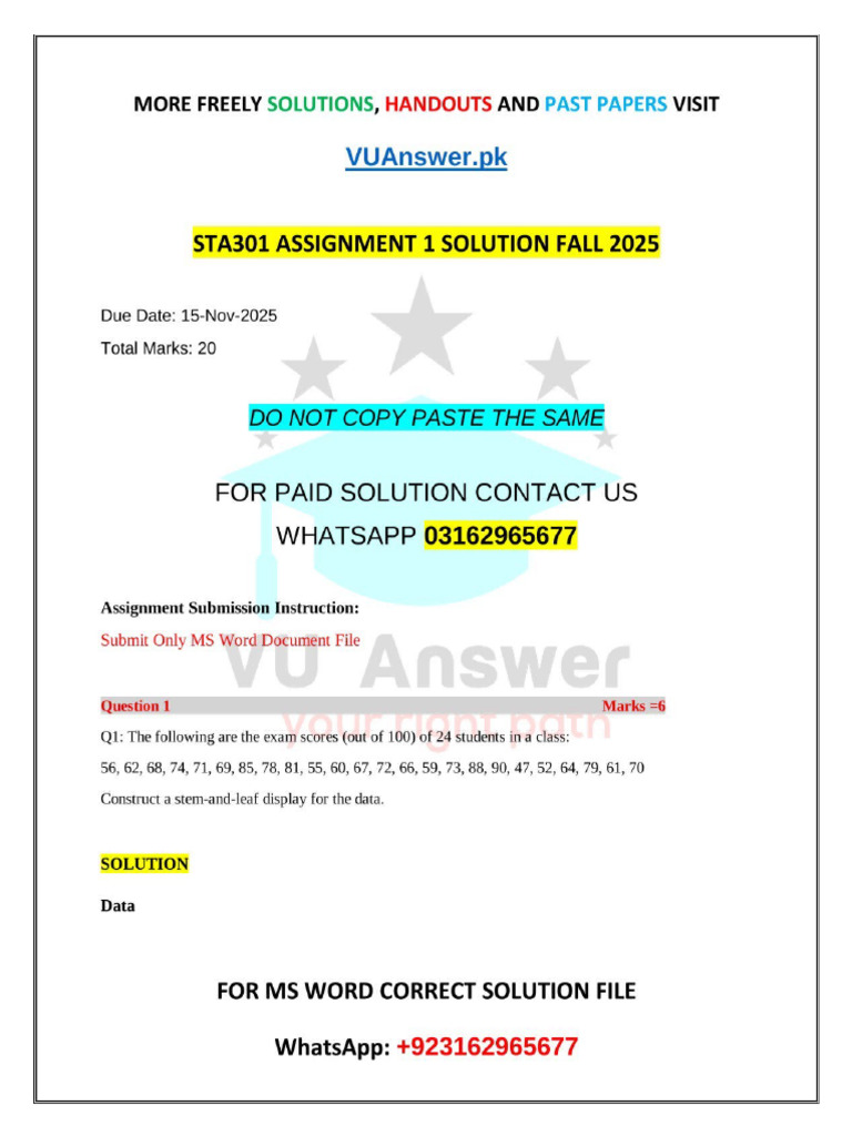 Sta301 Assignment 1 Correct Solution Fall 2025 Pdf