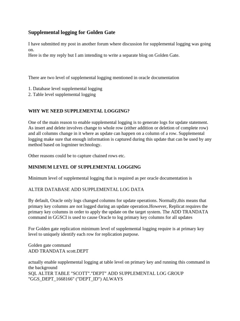 Supplemental Logging For Golden Gate | PDF | Databases | Table (Database)