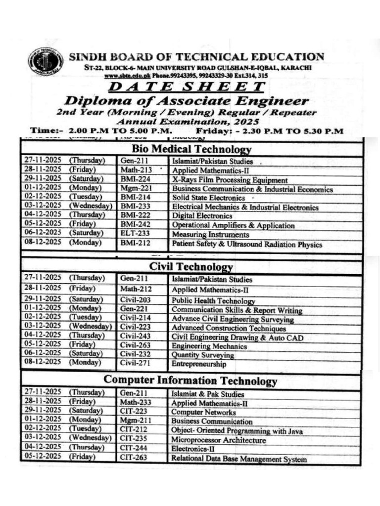 Dae 2nd Year Datesheet 2025 Sukkur Region Pdf