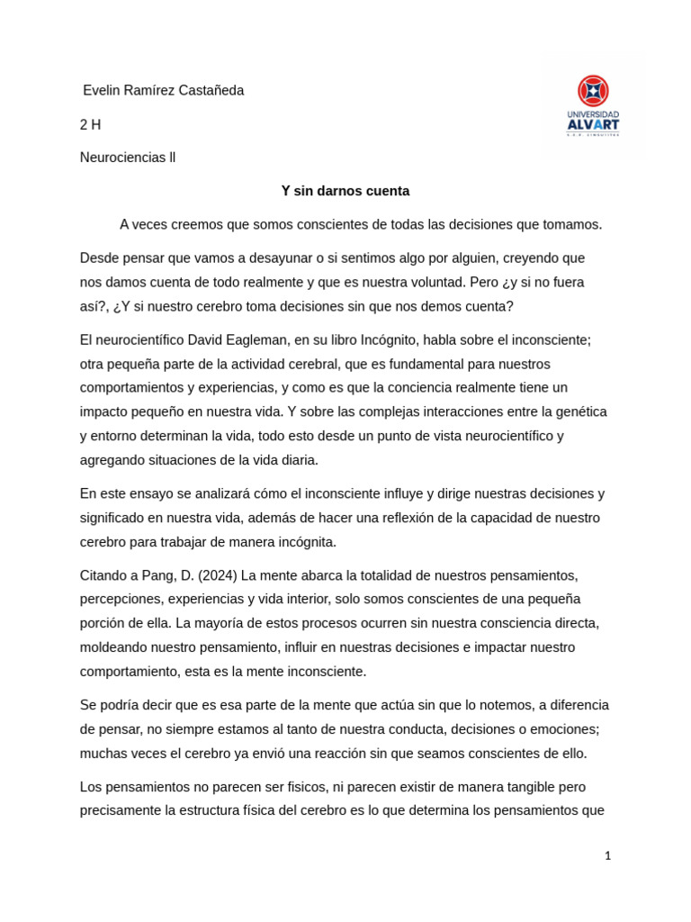 Ramirez Castañeda Evelin - Y Sin Darnos Cuenta - Neurociencias LL | PDF | Mente inconsciente | Mente