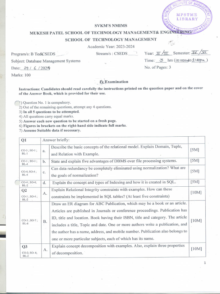 Database Management Systems A Y 2023-24 Re Exam 6jYsPAulUD | PDF