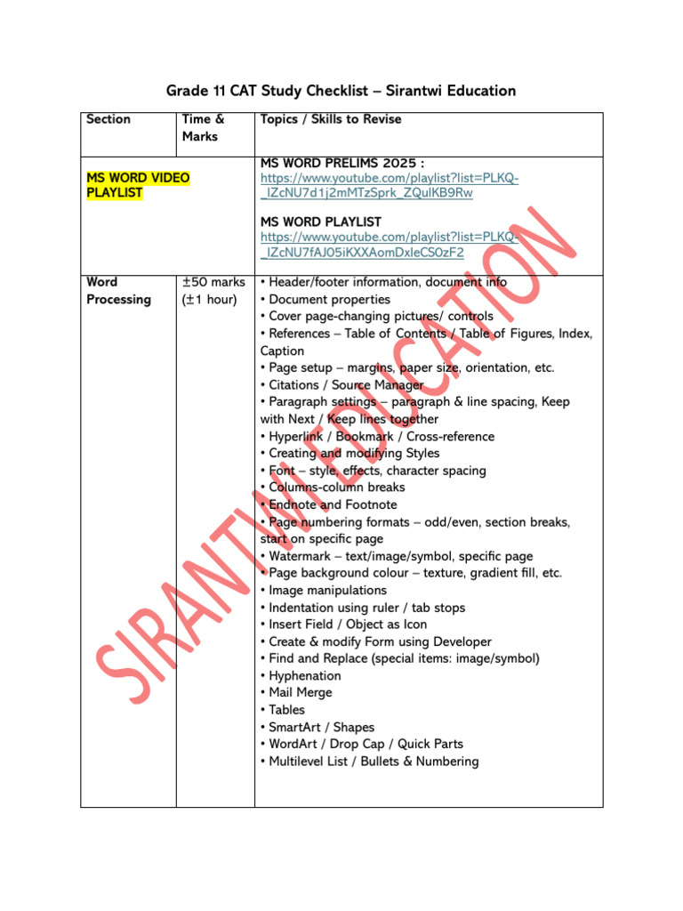 Grade 11 CAT Study Checklist | PDF | Microsoft Word | Spreadsheet
