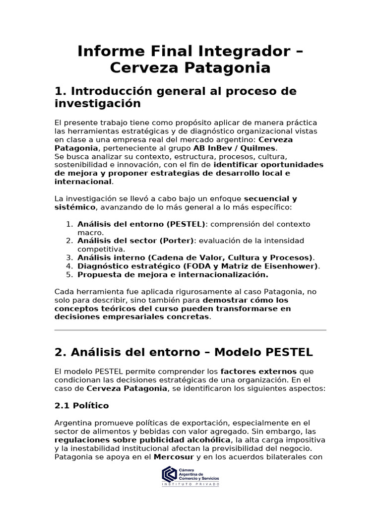 Informe Final Integrador - Cerveza Patagonia | PDF | Sustentabilidad | Cadena de valor
