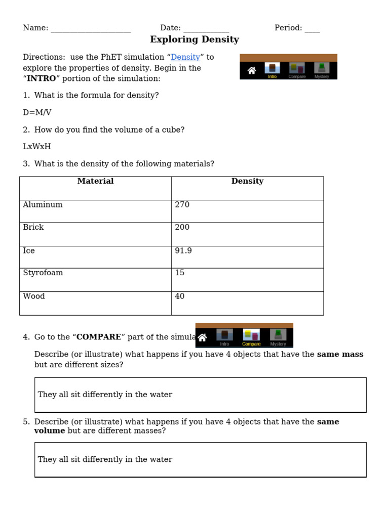 Cannon Hoople - FA_ Exploring Density- PhET Simulation | PDF