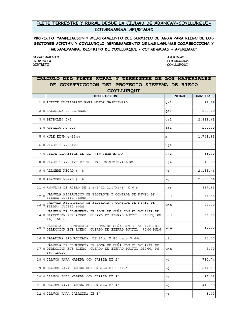 Flete y Materiales para Proyecto de Riego | PDF | Ingeniería mecánica ...