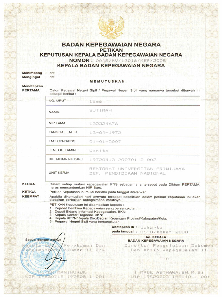 SK Penetapan NIP Baru Sutimah, SE | PDF