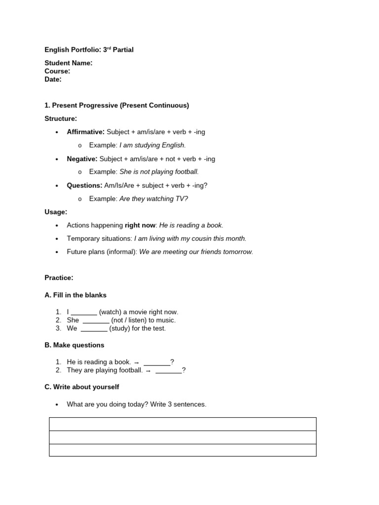 English Portfolio: Present Progressive & Wh- Questions | PDF ...