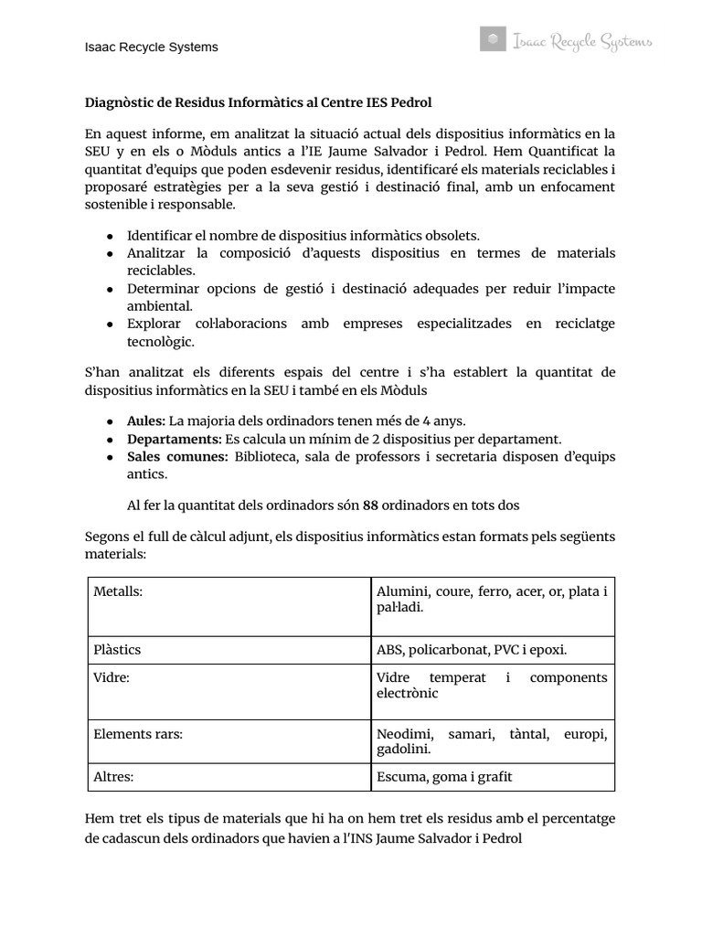 Diagnòstic de Residus Informàtics Al Centre IES Pedrol | PDF